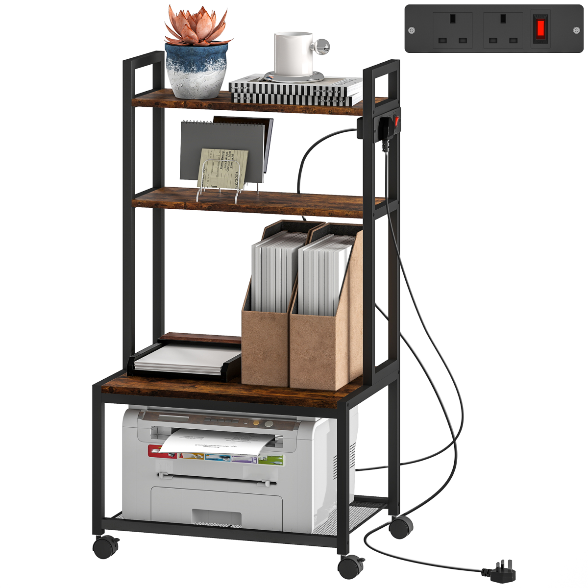 HOMCOM 4-Tier Mobile Printer Stand with Power Outlets for Home Office ...