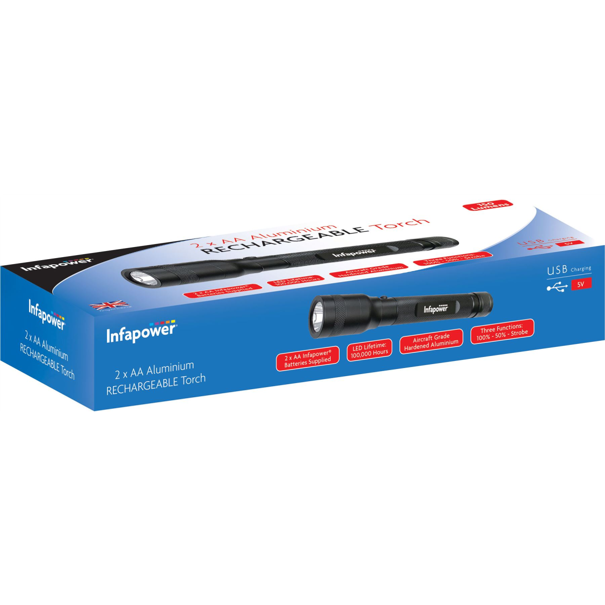 Infapower 2 x AA Aluminium Rechargeable Torch — InStock