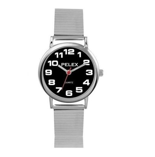 PELEX Mens Basic Black Face with Silver Expandable Bracelet Quartz Wat ...