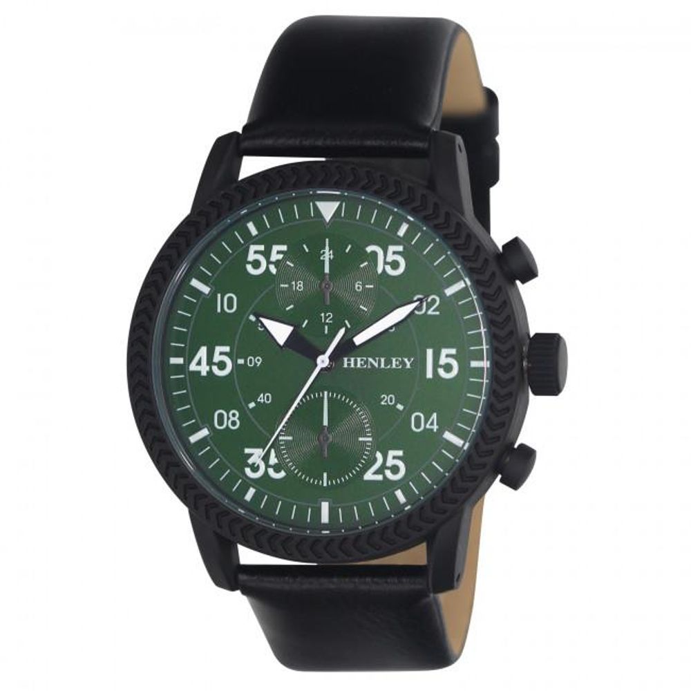 Henley Men's Bold Textured Green Dial With Black Leather Strap Watch H ...